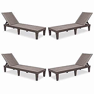 BELLEZE Set of 4 Lounge Chairs Recliners for Outside, Adjustable Patio Chair with 5 Positions Backrest, Waterproof Resin Wooden Texture Reclining Outdoor Lounge Chaise for Poolside - Brown