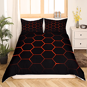 Boys Honeycomb Comforter Cover for Kids Men Girls Modern Geometry Hexagon Theme Bedding Set Colorful Grid Art Neon Decor Duvet Cover Red Black Bedspread Cover Bedroom Collection 2Pcs Twin Size