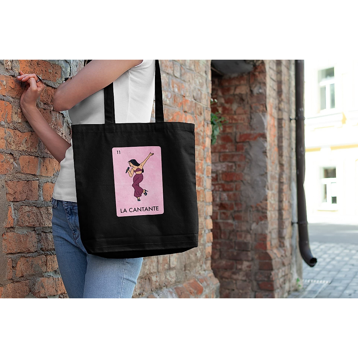 Pop Threads La Cantante Singer Mexican Lottery Funny Parody Tejano Music Black 15x15 inches Large Canvas Tote Bag