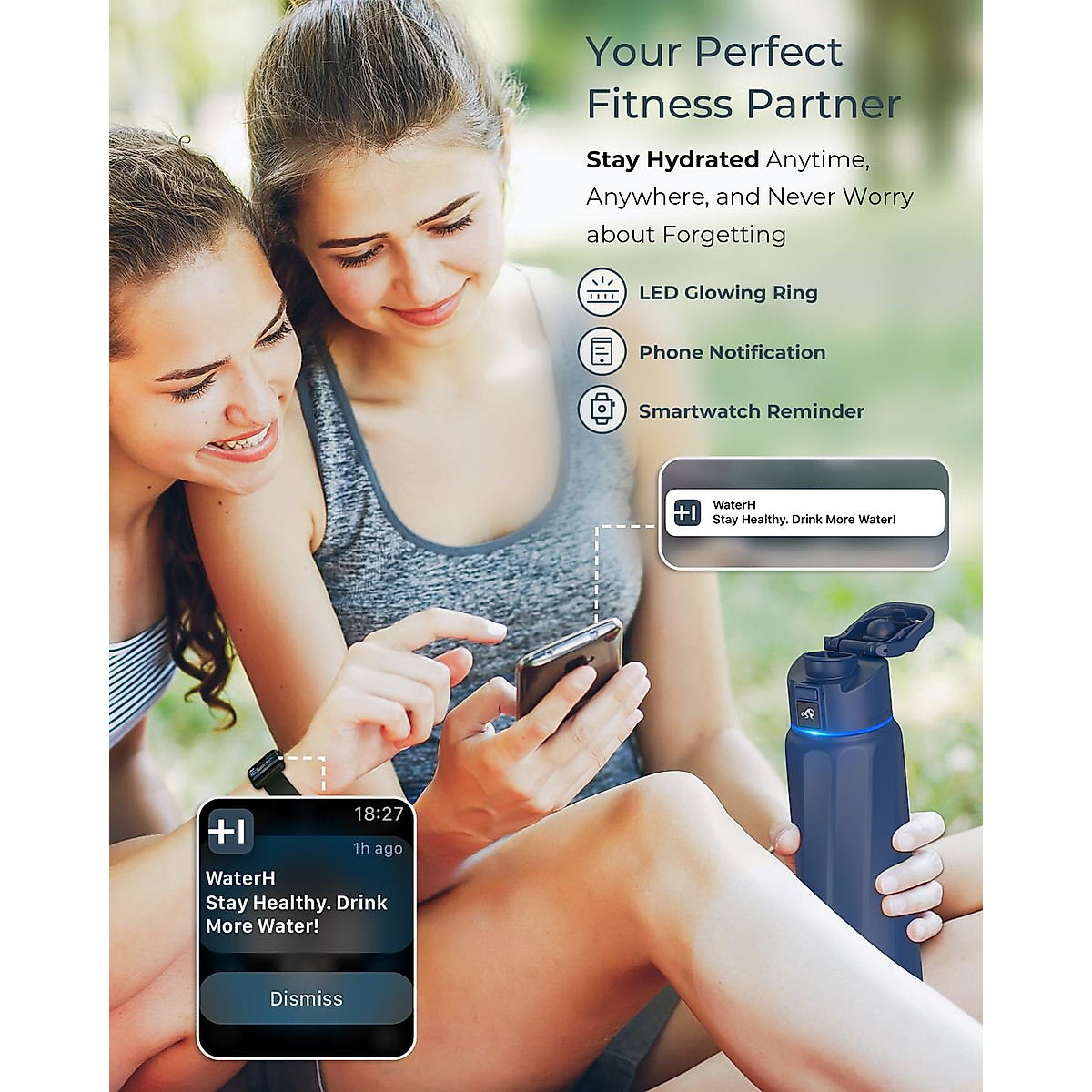 WATERH BOOST Smart Water Bottle with Reminder to Drink Water & Water Tracker Bottle - Double Wall Vacuum Insulated Water Bottle Stainless Steel, Wide Mouth 32 oz Water Bottles, Ideal for Gift - Blue