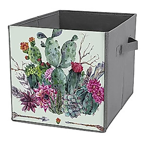 Cacti Succulent Foldable Storage Bins Printd Fabric Cube Baskets Boxes with Handles for Clothes Toys, 11x11x11