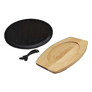 Ebros Personal Size 10.5" By 7" Enamel Coated Cast Iron Sizzling Fajita Skillet Ridged Japanese Steak Plate With Handle and Wood Base For Restaurant Home Kitchen Cooking Pan Grilling Meats Seafood