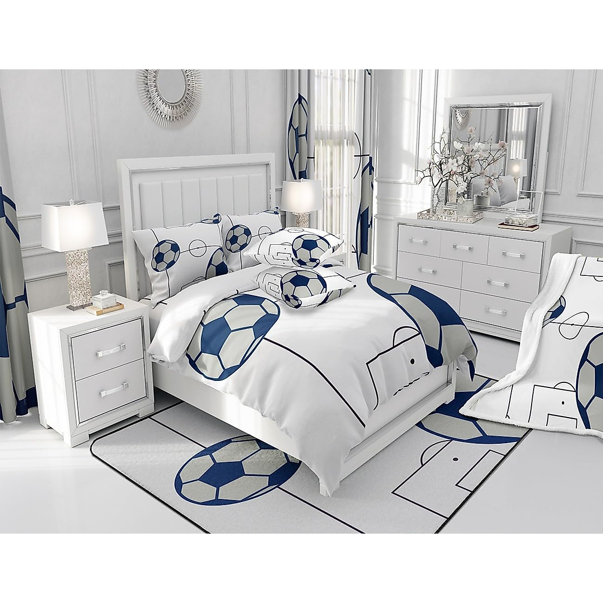 jejeloiu Football Sheet Set Queen Size Kids Football Court Sheets with Deep Pocket Fitted Sheet for Boys Girls Teens Soccer Ball Pattern Bed Sheets Set Breathable Sports Theme Bedding Set Room Decor