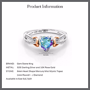 Gem Stone King 925 Silver and 10K Rose Gold 6MM Heart Shape Gemstone Birthstone and Diamond Engagement Ring | Wedding Anniversary Promise Ring For Women | Available In Size 5, 6, 7, 8, 9