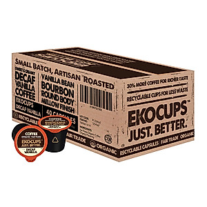 EKOCUPS Organic Swiss Water Decaf French Vanilla Flavored Coffee Pods, Extra 30% More Coffee, Fair Trade Medium Roast, Decaf Vanilla Coffee for Keurig K Cup Machines, Recyclable Pods, 40 Count
