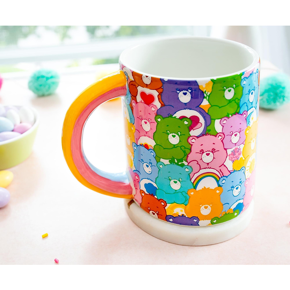 Care Bears Allover Print Ceramic Mug With Rainbow Handle | Large Coffee Cup For Tea, Espresso, Cocoa | Holds 20 Ounces