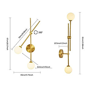 BAODEN Modern 2 Lights Globe Wall Sconce Industrial Wall Lamp with G4 Bulb Mid Century Rotatable Light Fixture Brushed Brass Finished with White Globe Glass Lampshade (Gold Color)