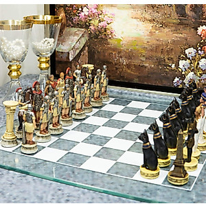 Ebros Gift Historical Themed Chess Set Egyptian Ptolemaic Pharaoh Army VS Augustus Caesar Roman Empire Centurions Resin Sculpted Chess Pieces with Checker Frosted Glass Board Gaming Set