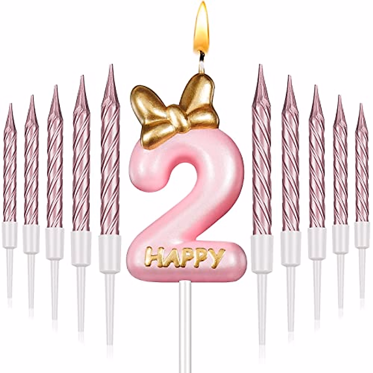 Pink Birthday Candle Girl,Number Birthday Cake Topper with 10 Pieces Rose Gold Birthday Candles Long Thin Cupcake Candles in Holders for Cake Topper Birthday Baking Decor Supplies (Number 2 Style)
