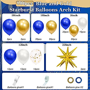 PARTYNOW 144Pcs Royal Blue and Gold Balloons Garland Arch Kit with Explosion Star Balloons 5/10/12/18in Blue White Gold Balloons for 2024 Graduation New Year Wedding Birthday Party Decorations