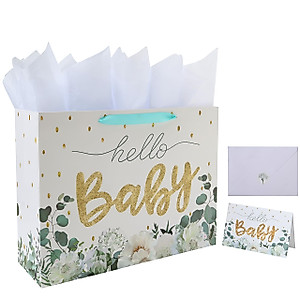 16.5" Extra Large White Gift Bag Set with Greeting Card and Tissue Papers (Gold Glitter ‘Baby’) for Baby Shower, Baby Girl or Boy, Girls' Birthday Party, Women's Birthday Parties - 16.5”x5.5”x12.6”, 1 Pcs.