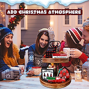 Guoofu Christmas Tiered Tray Decor, Farmhouse Tray Decorations Indoor, Merry Christmas Deer Truck Winter Wooden Signs, Rustic Christmas Decor for Kitchen Home Table Mantel Office Holiday Party