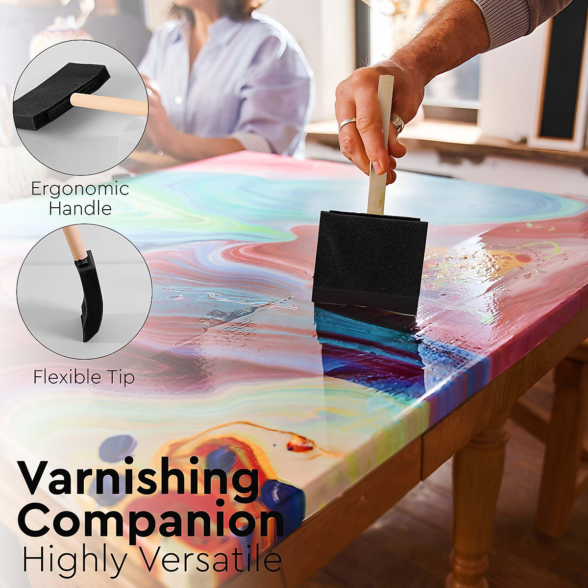 Vanitek 10 Piece Flat Flexible Poly Foam Bevel-Tipped Brush Set with Wooden Handles - Ideal for Applying Paint, Oil-Based Paints, Stain, Varnish, Enamel, Latex Paint, Smooth Surfaces, & Arts & Crafts