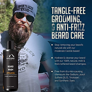 Mountaineer Brand Beard Wash For Men | 100% Natural Beard Shampoo | Thick Cleaning Softening Lather | Grooming Treatment with Orange, Grapefruit, Clove Essential Oils | Appalachia Scent 8oz