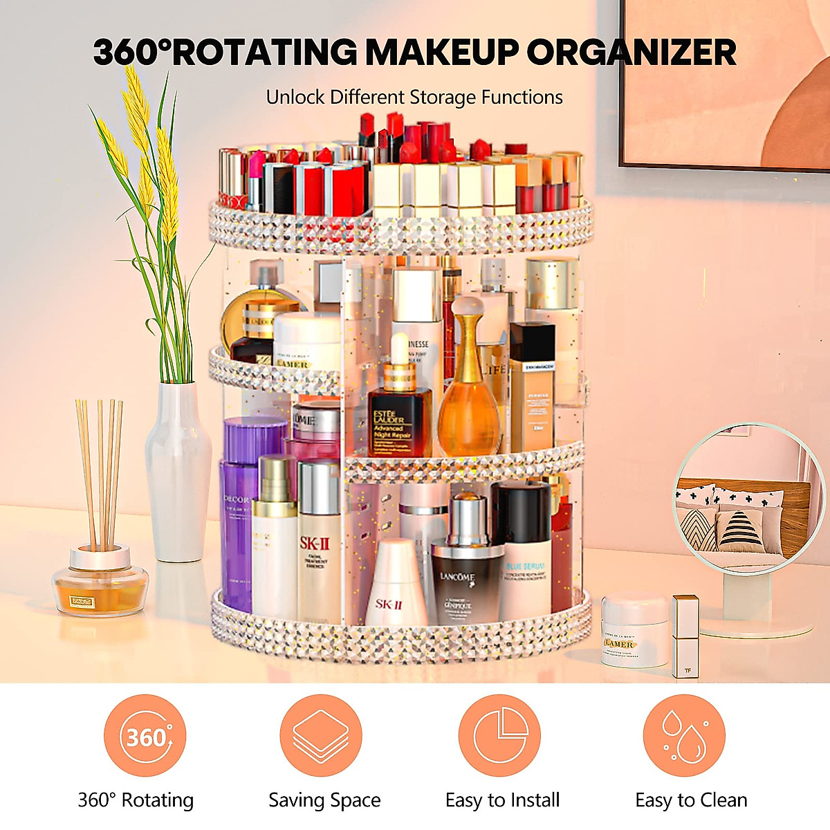 HEMTROY 360 Degree Rotating Makeup Organizer, Extra Large Capacity Organizador De Maquillaje, Removable 7 Layers Lipstick Organizer Cosmetic Storage Cases Perfume Organizer for Vanity (Glitter)