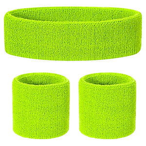 ONUPGO Kids Sweatbands Headband Wristband Set - Athletic Cotton Sweat Band for Sports (1 Headband + 2 Wristbands) (Neon Green)