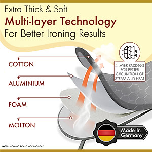 arteneur Ironing Board Cover and Pad 15x54 - Made in Germany Iron Board Cover with Heat Reflective Aluminum Coating and Padding- Heavy Duty Iron Board Cotton Cover with Elastic Drawstring Stretch Fit