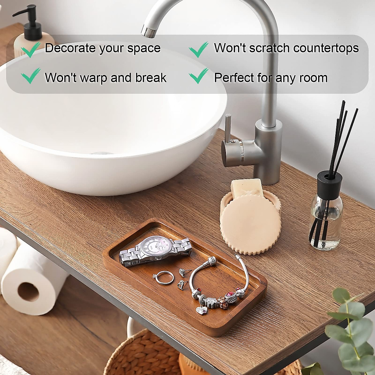 ALELION 6" Small Bathroom Vanity Tray for Counter - Acacia Wood Dish Soap Dispenser Tray for Kitchen - Rustic Decorative Tray for Dresser Tops Perfume Jewelry - Farmhouse Kitchen Decor Accessories