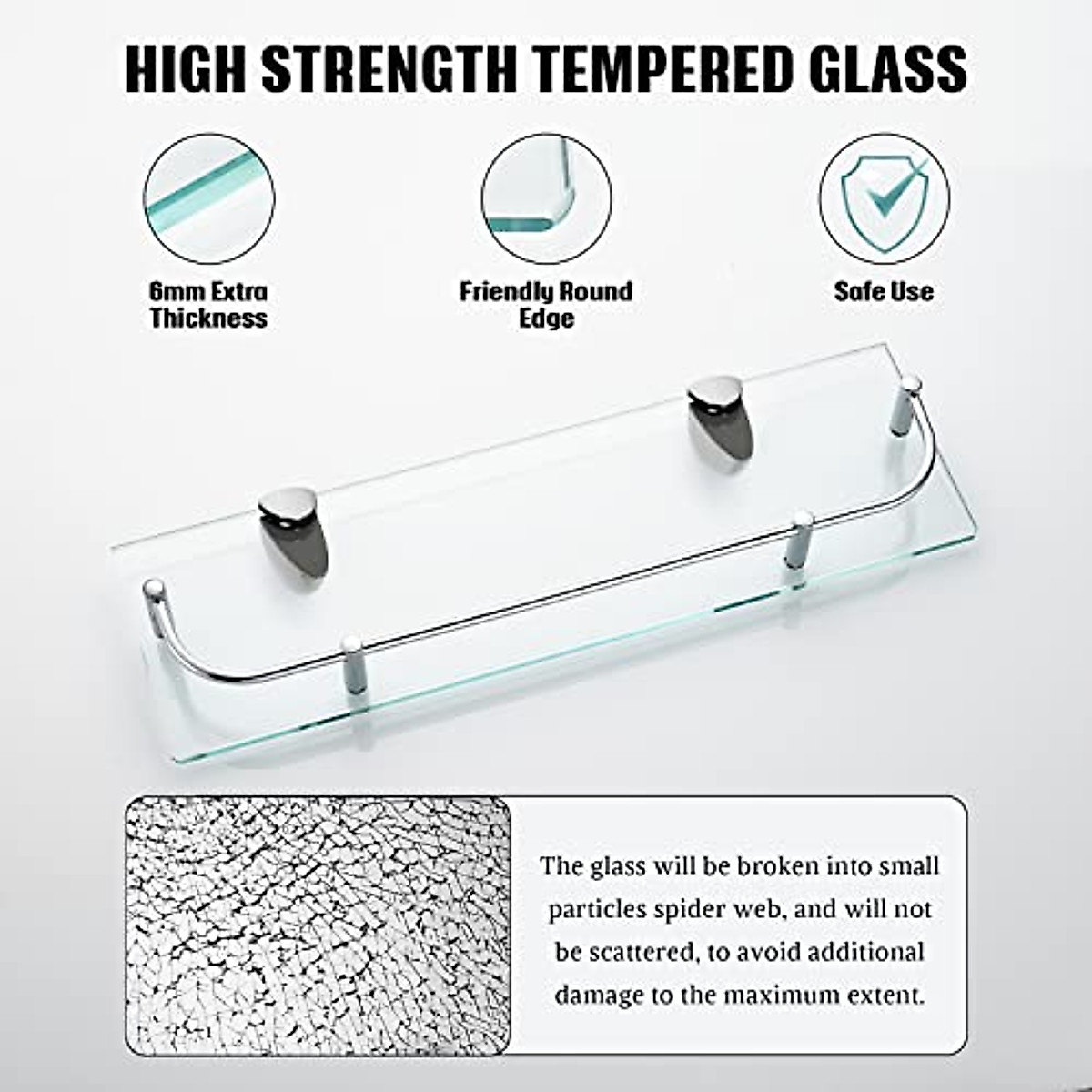 VASUHOME 2 Tier Bathroom Glass Shelves, Tempered Glass Bathroom Wall Organizer with Silver Guardrail, and 2 Metal Hooks - Wall Mounted Rectangular Shelves for Storage and Display