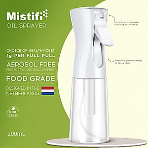 Mistifi Oliver Oil Sprayer for cooking, Spray bottle 6oz, Non-Aerosol Refillable Dispenser Oil Mister FS600 Less is More