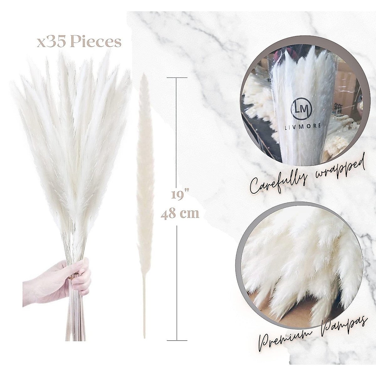Livmore White Pampas Grass 35 Pcs, 19 inches/48cm Fluffy Natural Dried for Boho Wedding Centerpieces, Photography and Home Decor, Flower Arrangement Vase Fillers ,Kitchen and Garden Decorations