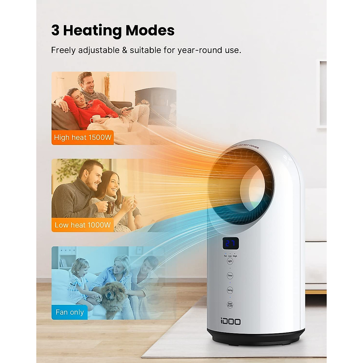iDOO Electric Space Heater for Indoor Use with Remote, Portable PTC Ceramic Heaters for Bedroom, 1500W Fast Heating for Large Room/Office, Safe & Quiet for Home, 12H Timer, Oscillation, LED Display