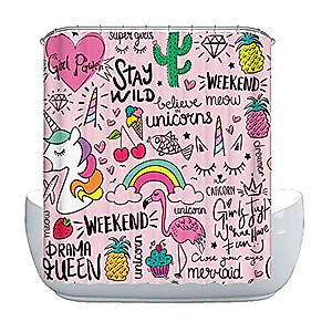 Amagical Cute Unicorn Ice Cream Pineapple Cherry and Other Items Pink Decor 16 Piece Bathroom Mat Set Shower Curtain Set Bath Mat Contour Mat Toilet Cover Shower Curtain 12 Hooks (Pink)