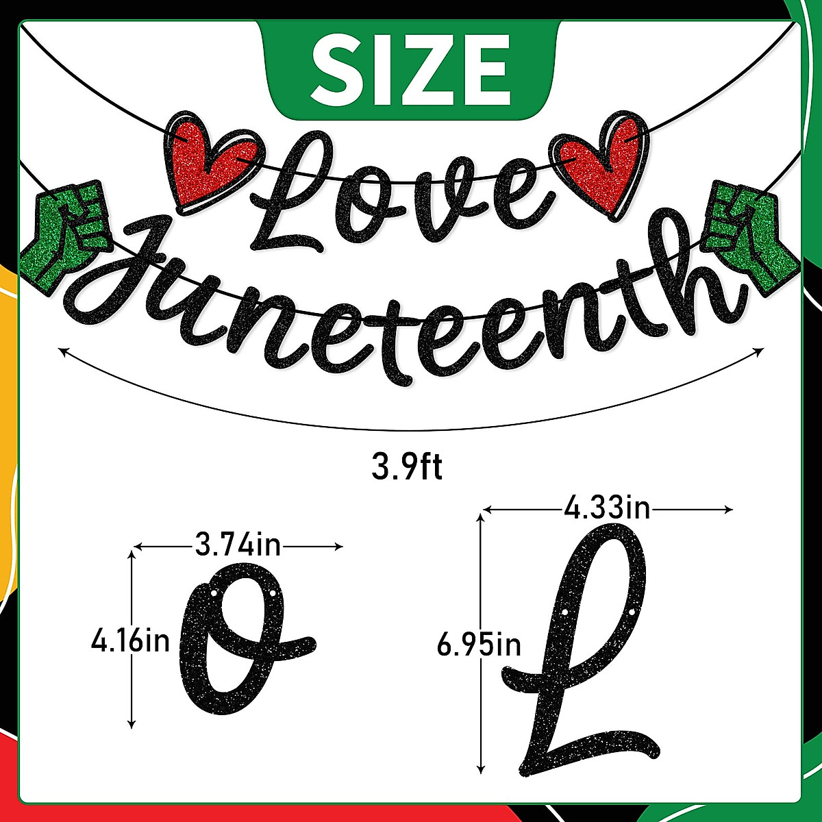 Peace Love Juneteenth Banner - Juneteenth and Pride Decorations in Red Gold Black Glitter Cardstock - Handmade Pre-Strung