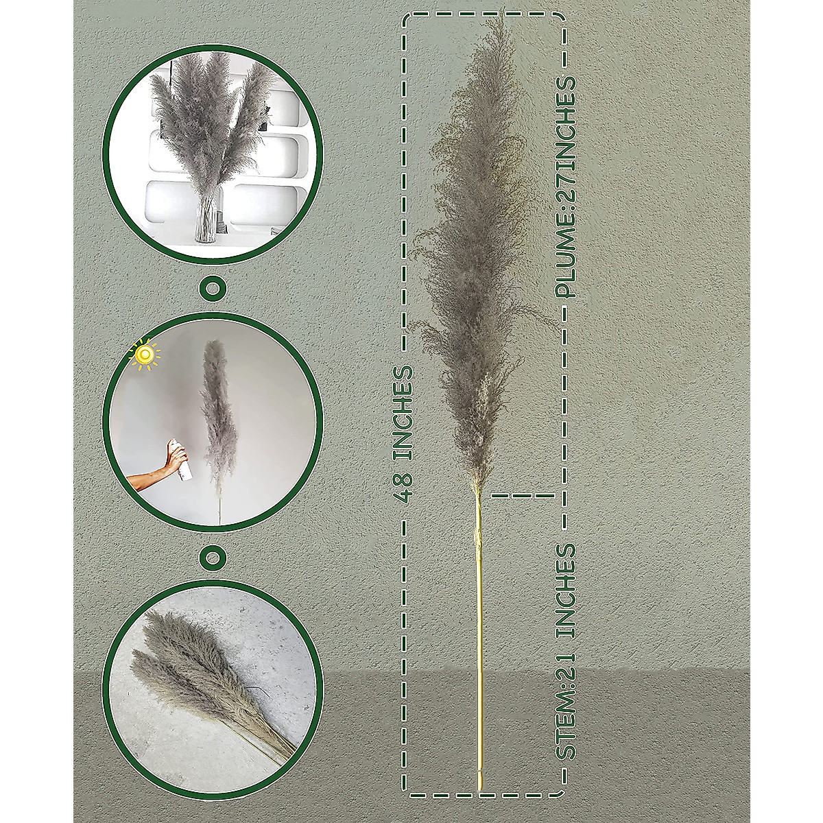 Natural & Dried Pampas Grass Plant Tall Gray 48"/120Cm 5 Stem 27+ Inch Plume for Flower Arrangement & Vase Decoration – Boho Bohemian Garden & Farmhouse Luxury Decor for Home,Wedding