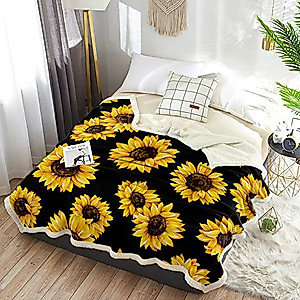 Sunflower Sherpa Fleece Blanket, Super Thick and Warm Cozy Luxury Blanket 40"x50", Vintage Floral Yellow Sunflower Black Background Bed Blanket, Fluffy Plush Microfiber Throw Blanket for Couch