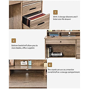 Catrimown Computer Desk with Drawers and Hutch, Executive Desk Home Office Desk Writing Table Wood Student Desk with File Drawer for Bedroom, Small Computer Desk with Drawer for Small Place, Grey