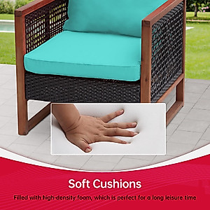 FDW 3-Piece Patio Bistro Set Acacia Wood Outdoor Chat Conversation Table Chair Set Outdoor Wood Chat Set with Water Resistant Cushions and Coffee Table for Beach Backyard Garden,Blue Cushion