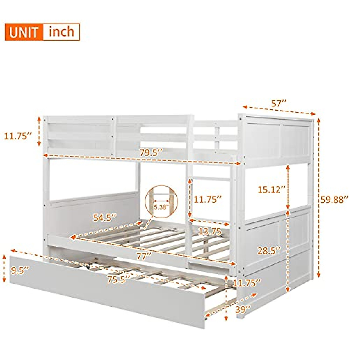 ATH-S Full Over Full Bunk Bed with Trundle, Solid Wood Bunk Beds with Full-Length Safety Guard Rail and Ladder, Can be Separated to 2 Full Size Platform Beds, for, Teens and Adults (Espresso, New)
