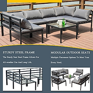 Homsido Outdoor Patio Furniture Set,Outdoor Chairs Set Sectional Sofa Patio Conversation Set，Porch Patio Chat Set with Tempered Glass Table top Coffee Table and Grey Cushions