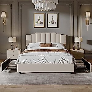 Queen Size Upholstered Platform Bed Frame with 2 Storage Drawers & Adjustable Rivets Headboard, Linen Bed Frame with Extra Dome Bed Canopy for Boys Girls Teens Adults, No Box Spring Needed (Beige)