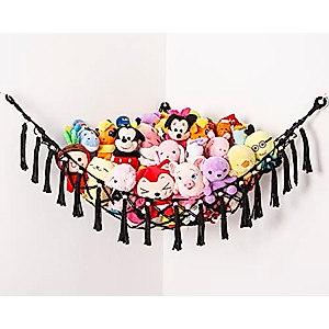 MAKEONEWO Stuffed Animal Toy Hammock Hanging- Macrame Toy Hammock with Tassels-Stuff Animals Organizer Storage Boho Large Corner Plush Toys Net Holder for Nursery, Play Room, Kids Bedroom (Black), 1 Pack