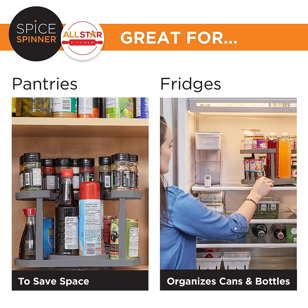 Spice Spinner Two-Tiered Spice Organizer & Holder That Saves Space, Keeps Everything Neat, Organized & Within Reach With Dual Spin Turntables- Grey