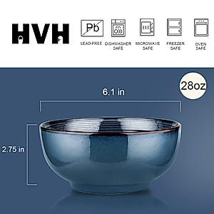 HVH Ceramic Cereal Bowls Set of 4, Soup Bowls Microwave Safe, 24 oz Ceramic Bowls for Kitchen, Salad, Oatmeal, Soup, Noodle, Farmhouse Style (Blue)