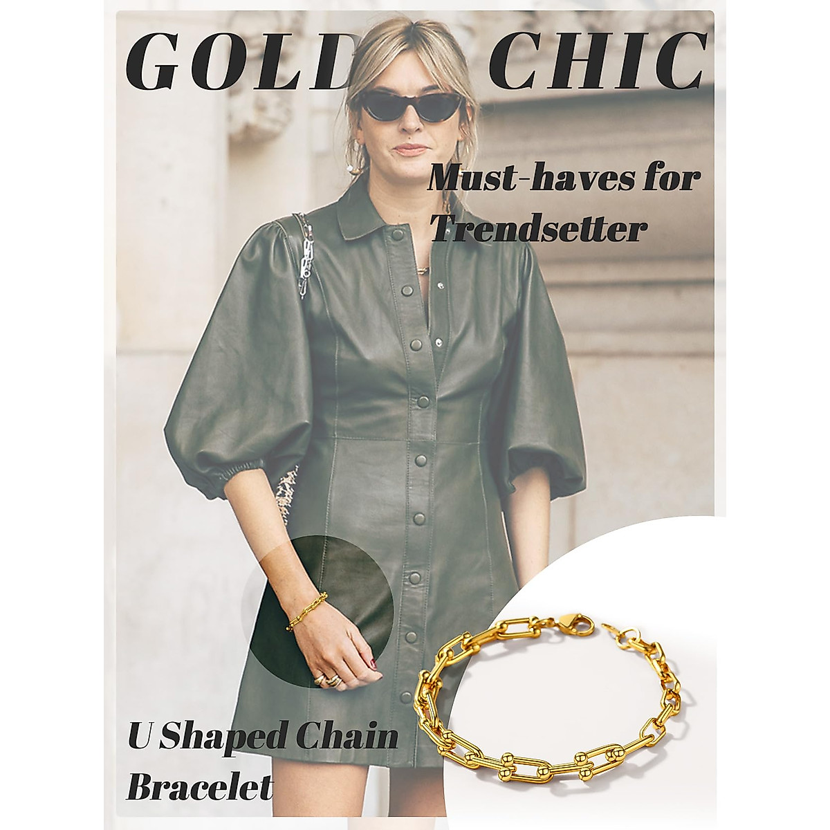 KeyStyle Gold Paperclip Chain Bracelet for Women, 18k Gold U Shaped Link Bracelets for Wife Fiancee, 21cm