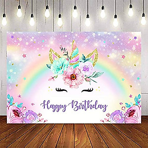 Avezano Unicorn Birthday Backdrop Gold Glitter Rainbow Unicorn Birthday Photo Background Girls Birthday Bokeh Floral Party Decorations Kids Photo Booth Gifts (7x5ft)