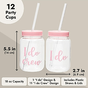 BLUE PANDA 12 Pack I Do Crew Bachelorette Party Cups with Lids, Pink Bridal Shower Mason Jar Gifts (18 oz)