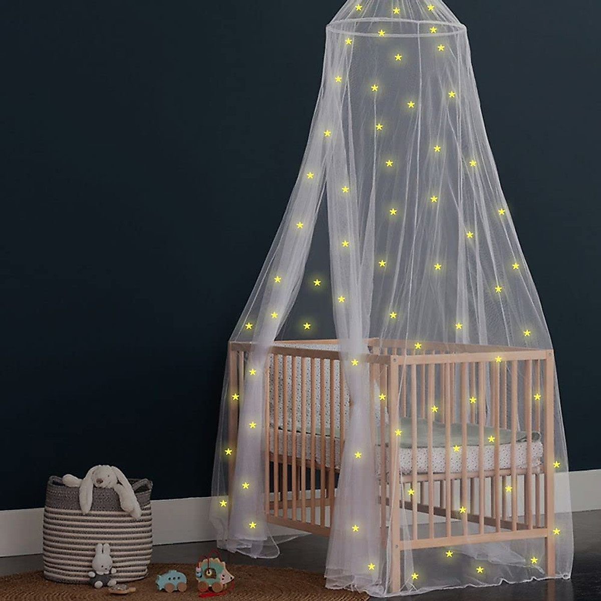 Canopy for Girls Bed with Pre-Glued Glow in The Dark Stars - Princess Mosquito Net Room Decor - Kids & Baby Bedroom Tent with Galaxy Lights - 1 Opening Canopy Bed & Hanging Kit Included