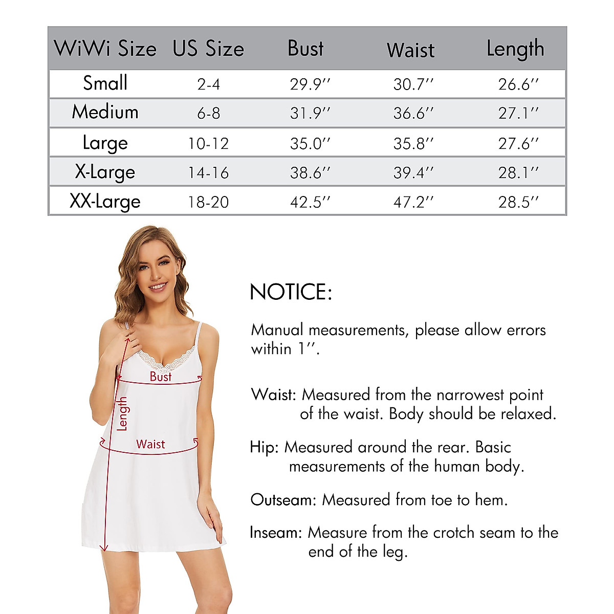 WiWi Cotton Lingerie for Women Sexy Full Slip Nightgown Lace Babydoll Chemise Mini Sleeveless Camisole Dress S-XXL, White, Large