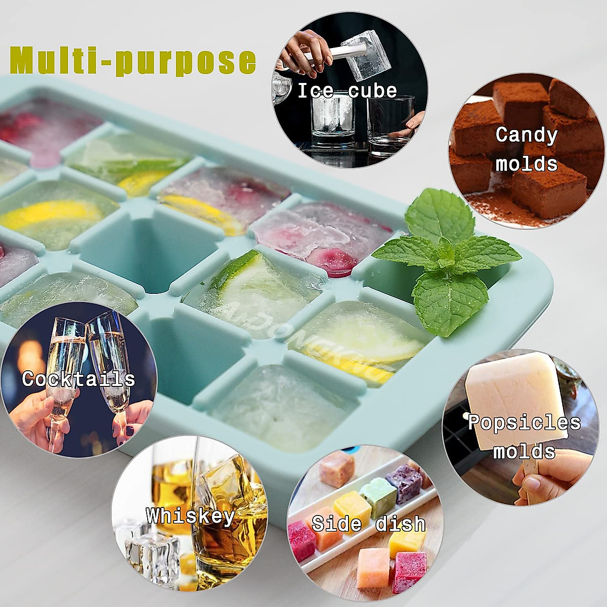 Ice Cube Trays Silicone, Ice Molds with Lid, Making 15 Giant Ice Cubes for Whiskey Cocktails and Bourbon, Reusable and BPA Free