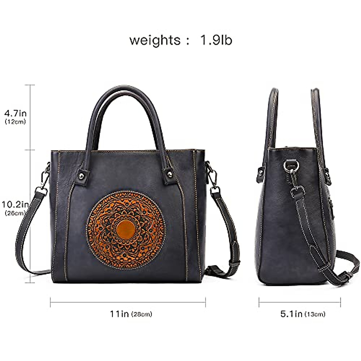 Genuine Leather Handbag for Women,Retro Embossing Mandala Design Purse Organizer Vintage Handmade Crossbody (3299 Grey)