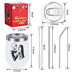 Poboola Night Before Christmas Wine Glass Tumbler, 12 oz Stainless Steel Stemless Wine Tumbler Set, Double Wall Vacuum Insulated Wine with Cup with Sealing Lid and 2 Straws Gift for Couple (White)