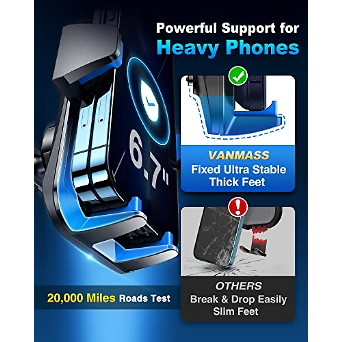 VANMASS Universal Car Phone Mount,【Patent & Safety Certs】 Upgraded Handsfree Dashboard Stand, Phone Holder for Car Windshield Vent, Compatible iPhone 14 13 12 11 Pro Max Xs XR X, Galaxy (Blue)