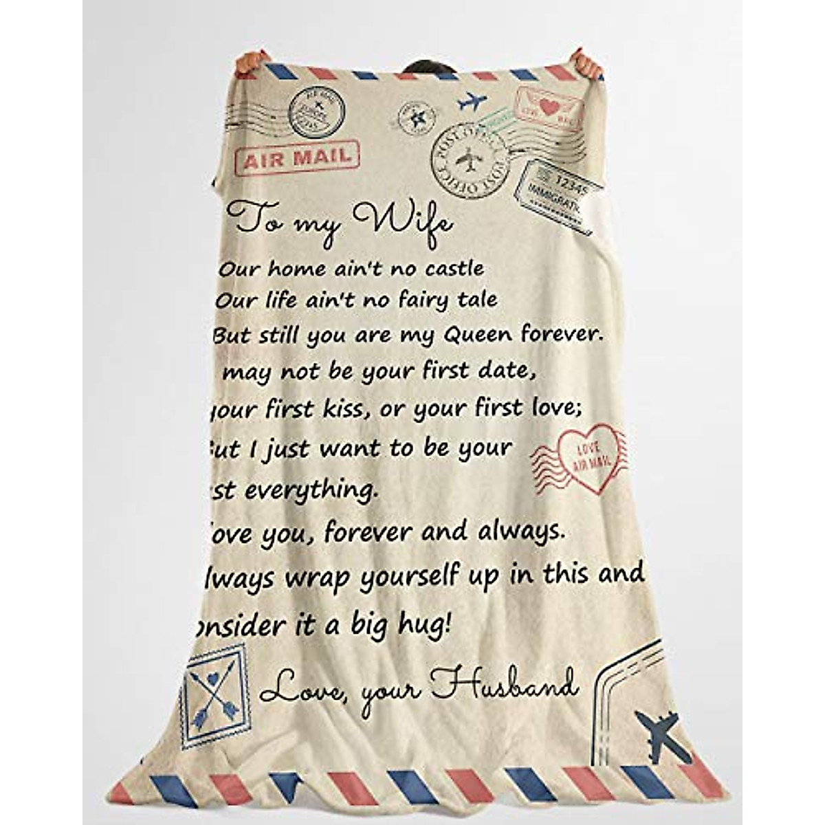 Blanket Personalized Love Mail Letter to Wife My Queen Forever from Husband- Fleece Blankets- Gifts for Wife Cozy Plush Fleece Blanket Size 60x80 inch On Christmas, Birthday, Holiday