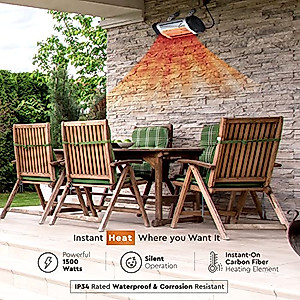 Comfort Zone Electronic Indoor/Outdoor Wall Mounted Patio Space Heater, Adjustable Thermostat, Timer, & IP34 Waterproof Rating, (Mount Hardware Included), Commercial and Residential, 1,500W, CZPH10