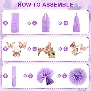 Purple Pink Birthday Party Decorations for Women Girls, Butterfly Confetti Rose Gold Lavender Balloons Happy Birthday Banner Fringe Curtains Hanging Swirls Circle Dots Tassels Pom 30th 40th 50th Her